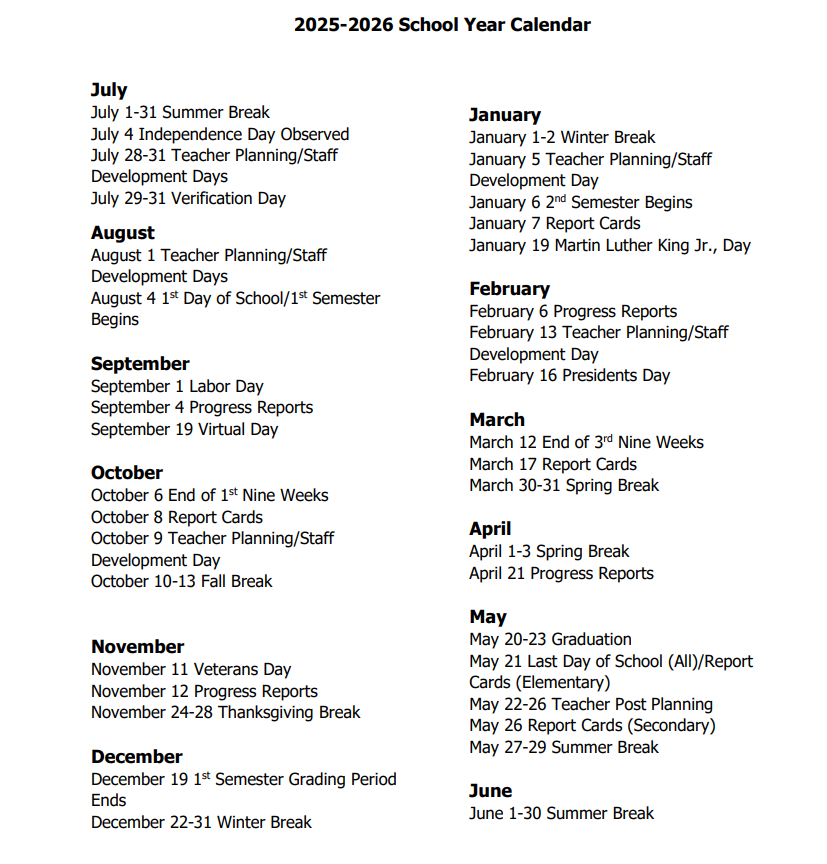 Muscogee County School District Calendar 2025-2026 With PDF