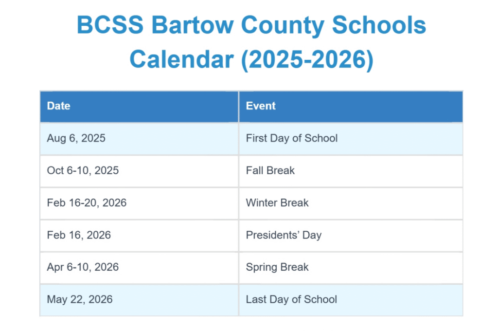Bartow County School Break Academic Year 2025-2026 - My School District ...