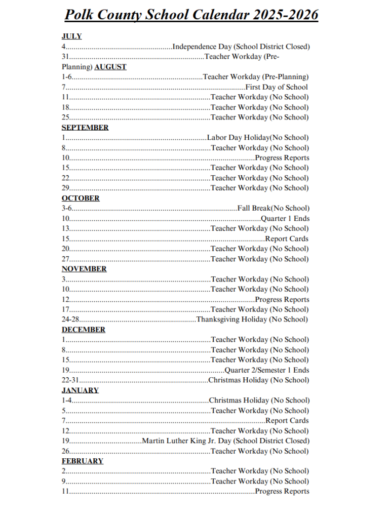 Polk County School Calendar 2025-2026 With Academic Holidays